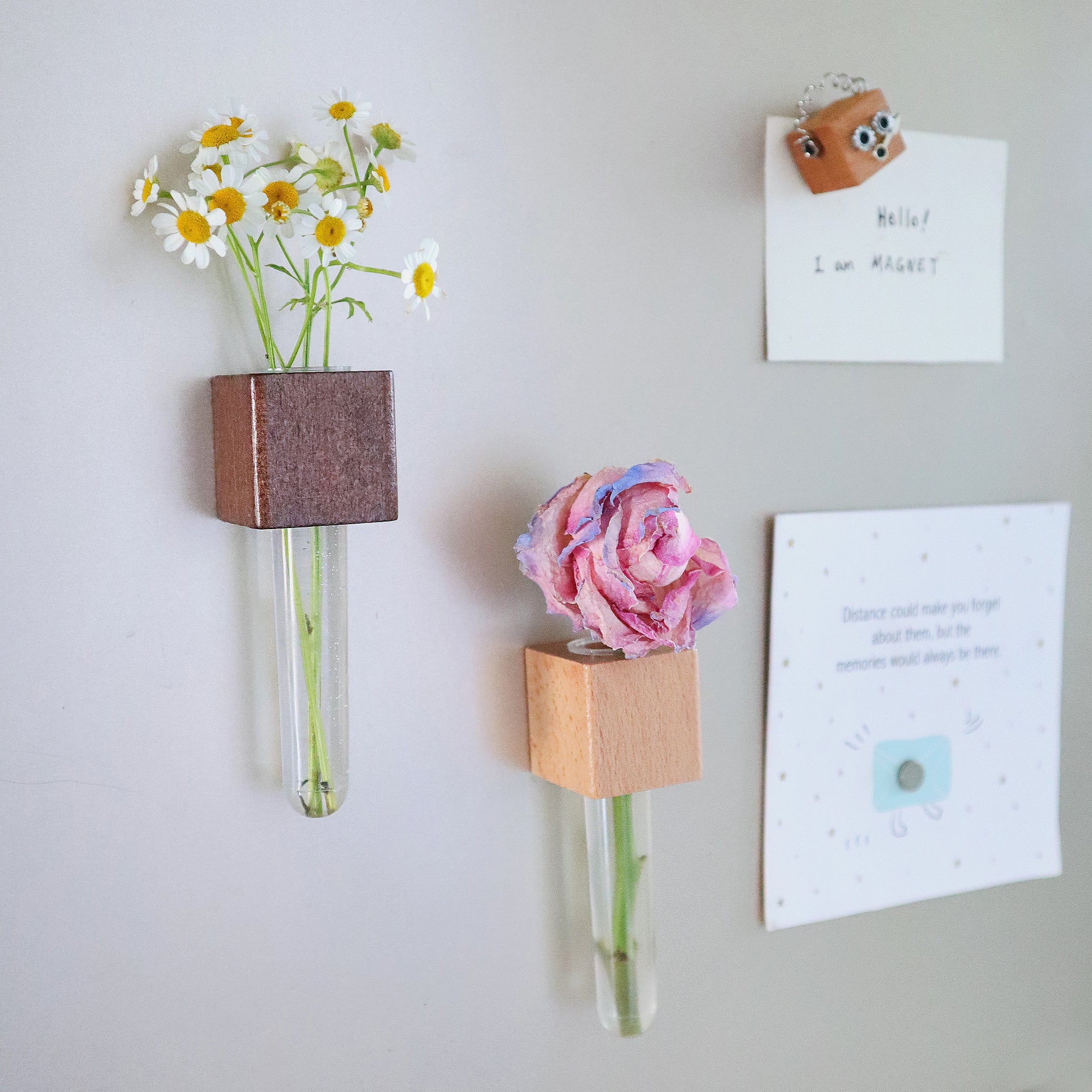 Mini Vase Magnets – Set of 2 – Beech & Walnut Wood – Decorative Fridge